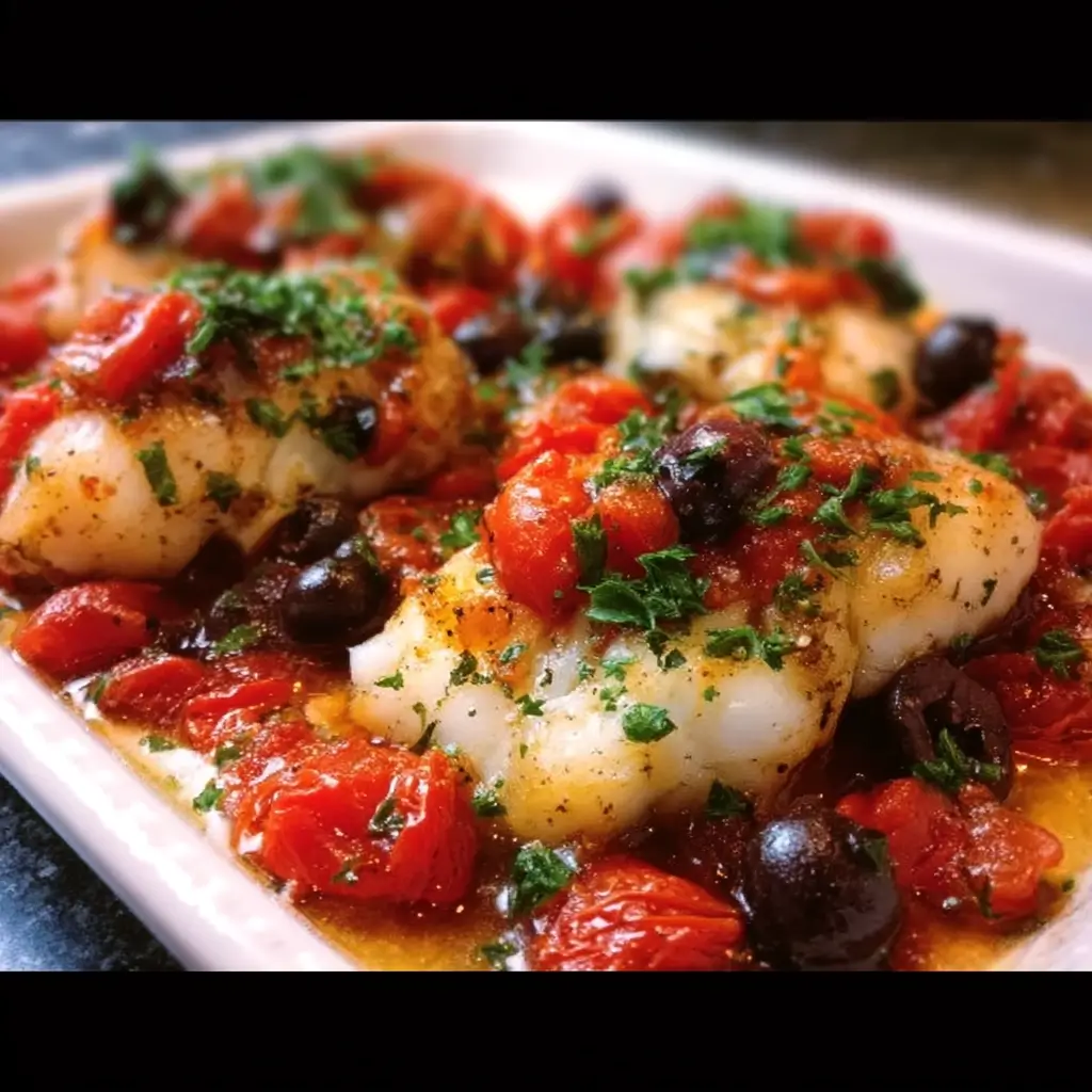 Baked Cod with Tomato & Olives - OurKitchenRecipe.com